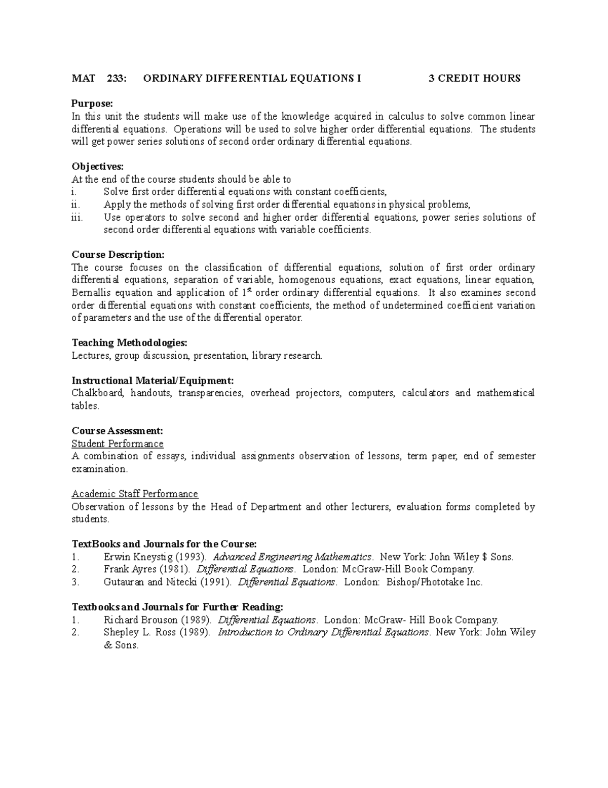MAT 233 course outline - ACTUARIAL NOTES - MAT 233: ORDINARY ...