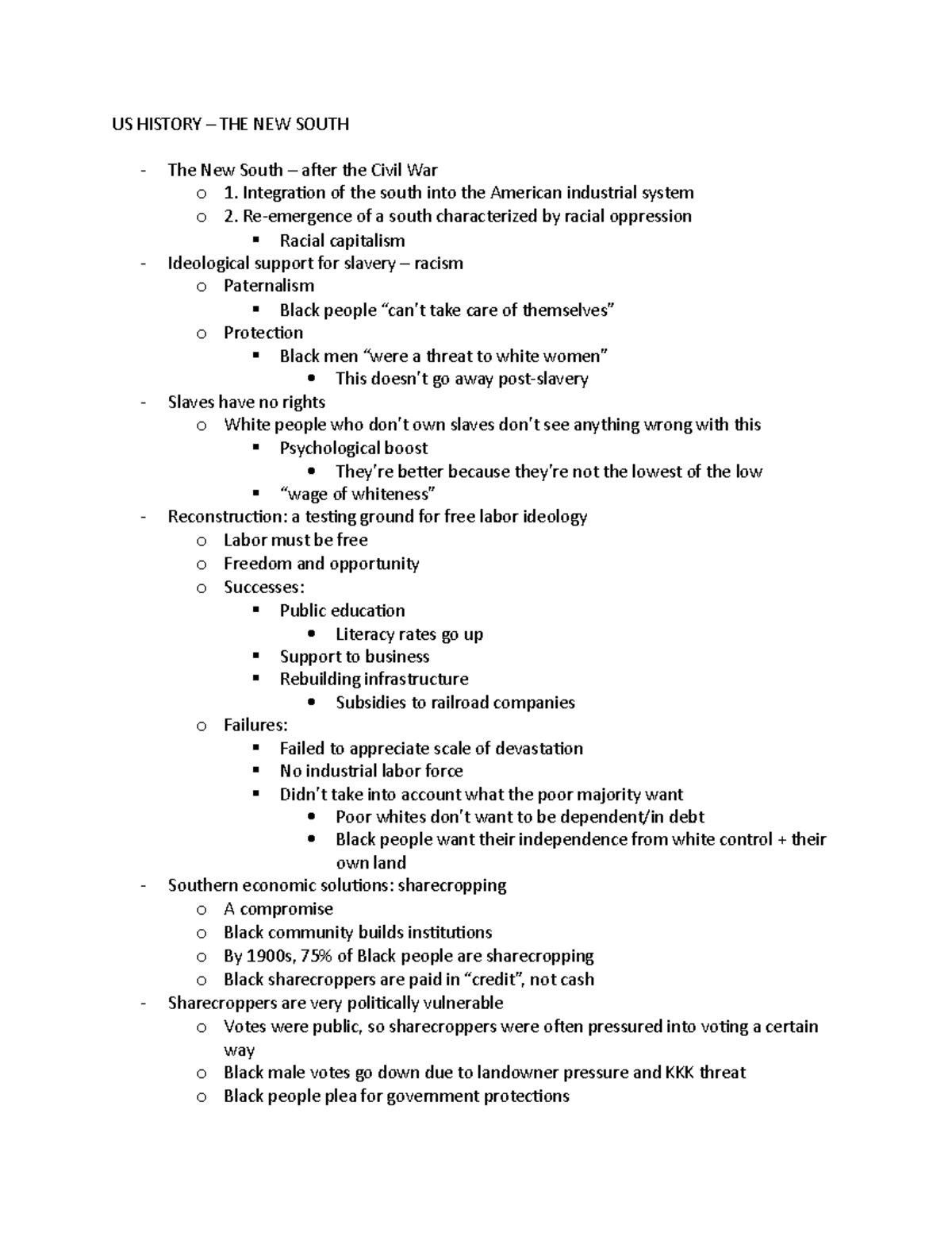 US History - The New South - US HISTORY – THE NEW SOUTH The New South ...