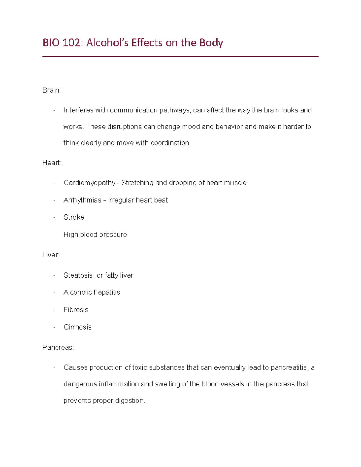 BIO 102 Alcohol's Effect on Body Notes - BIO 102: Alcohol’s Effects on ...