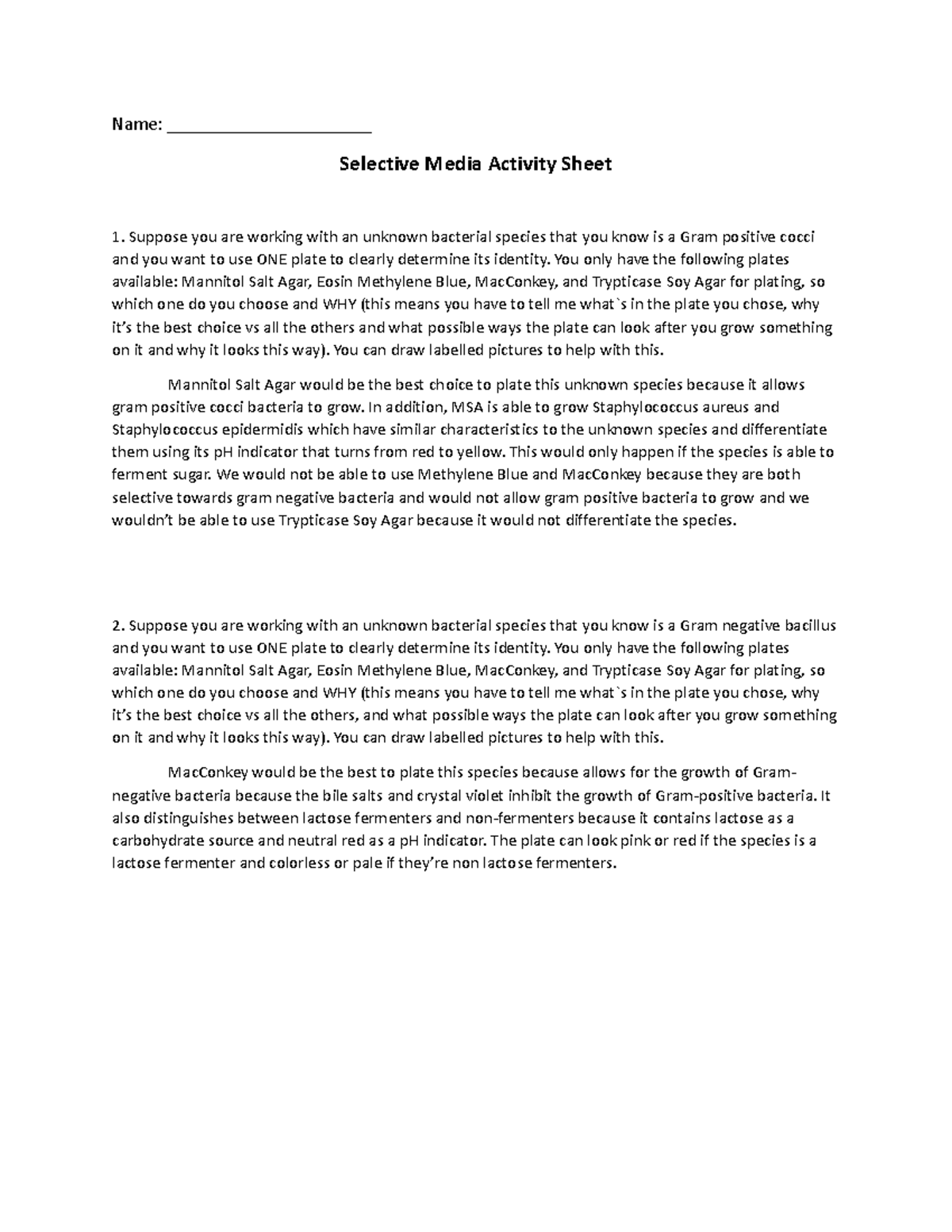 Selective Media Acitivty - Name: ______________________ Selective Media ...
