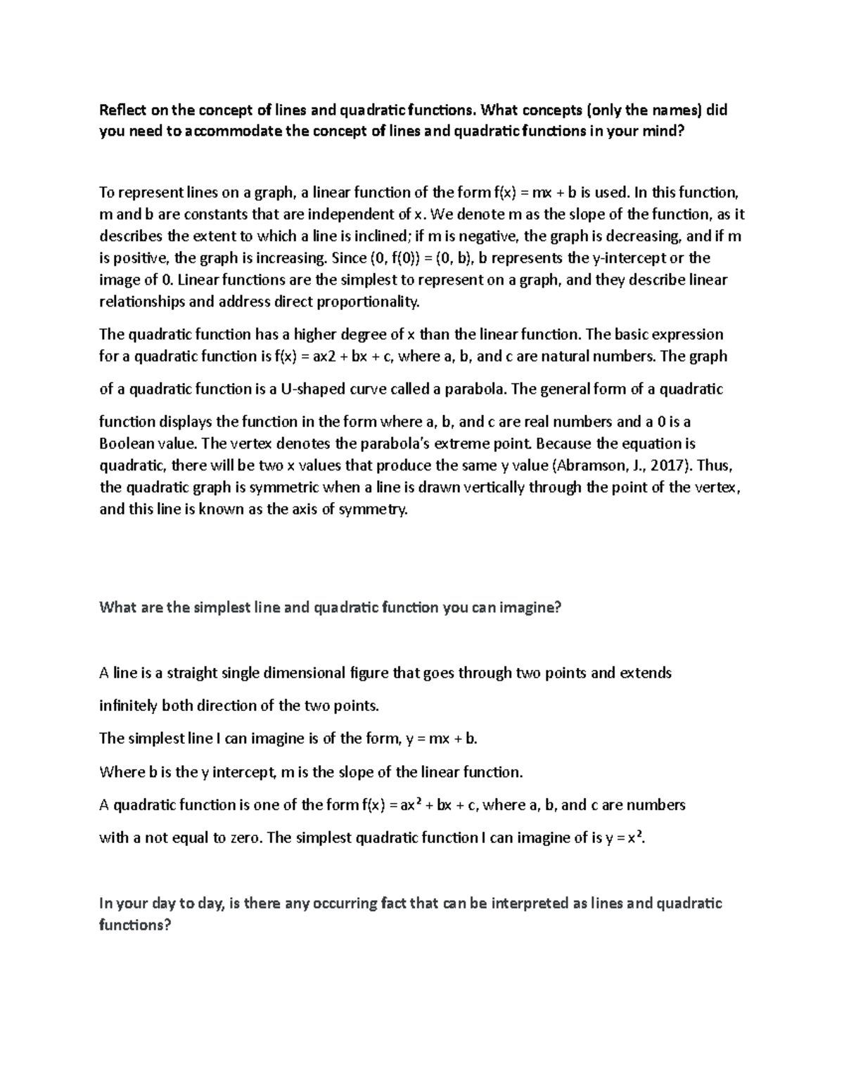 Learning Journal Unit 2 - Reflect on the concept of lines and quadratic functions. What concepts ...