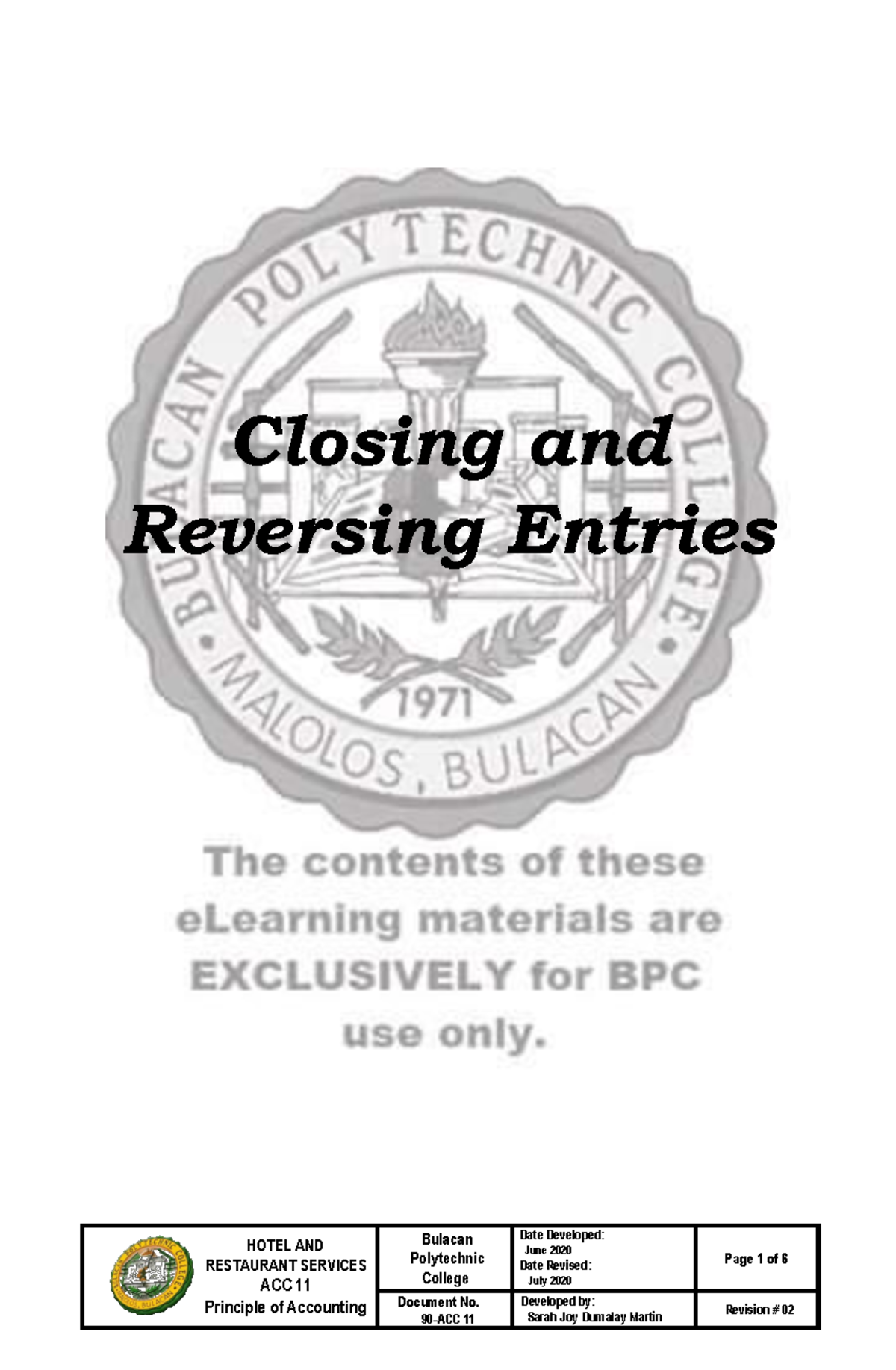 CS ACCT 11 - Closing and Reversing Entries - HOTEL AND RESTAURANT ...
