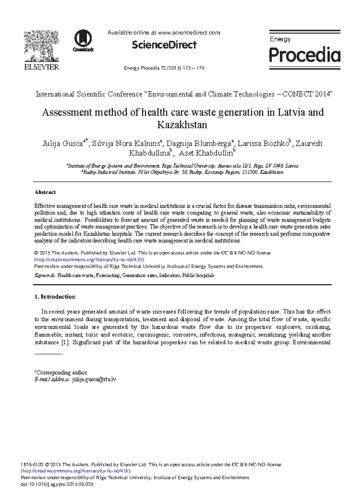 Assessment method of Health Care waste generation in Lativa - Energy ...