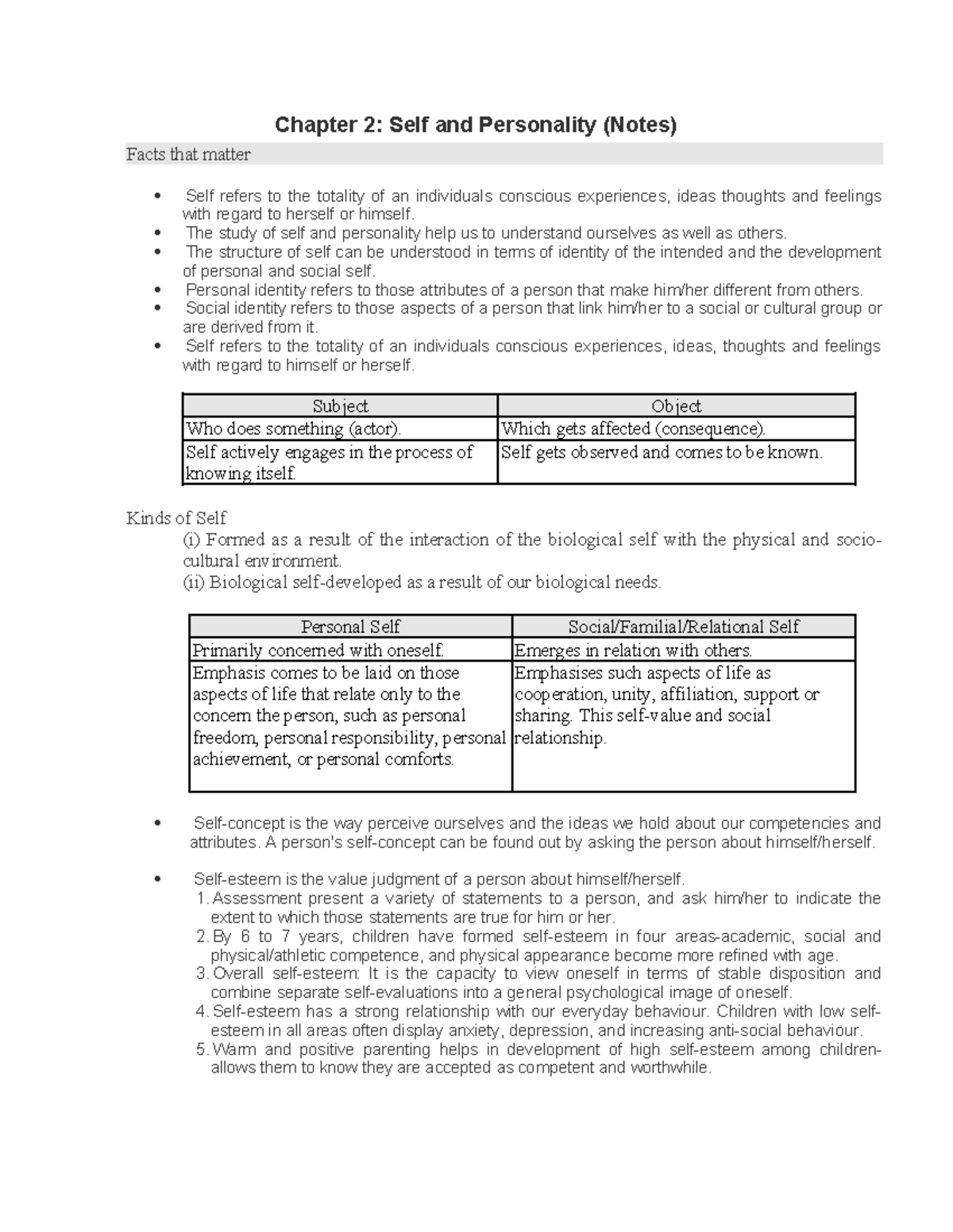 Chapter 2 Self and Personality - Chapter 2: Self and Personality (Notes ...