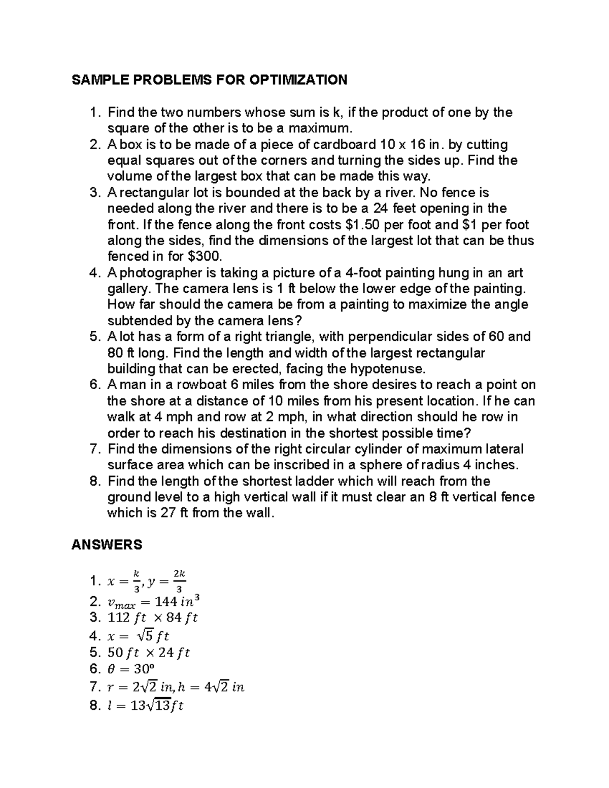 Sample Problems FOR Optimization - SAMPLE PROBLEMS FOR OPTIMIZATION ...