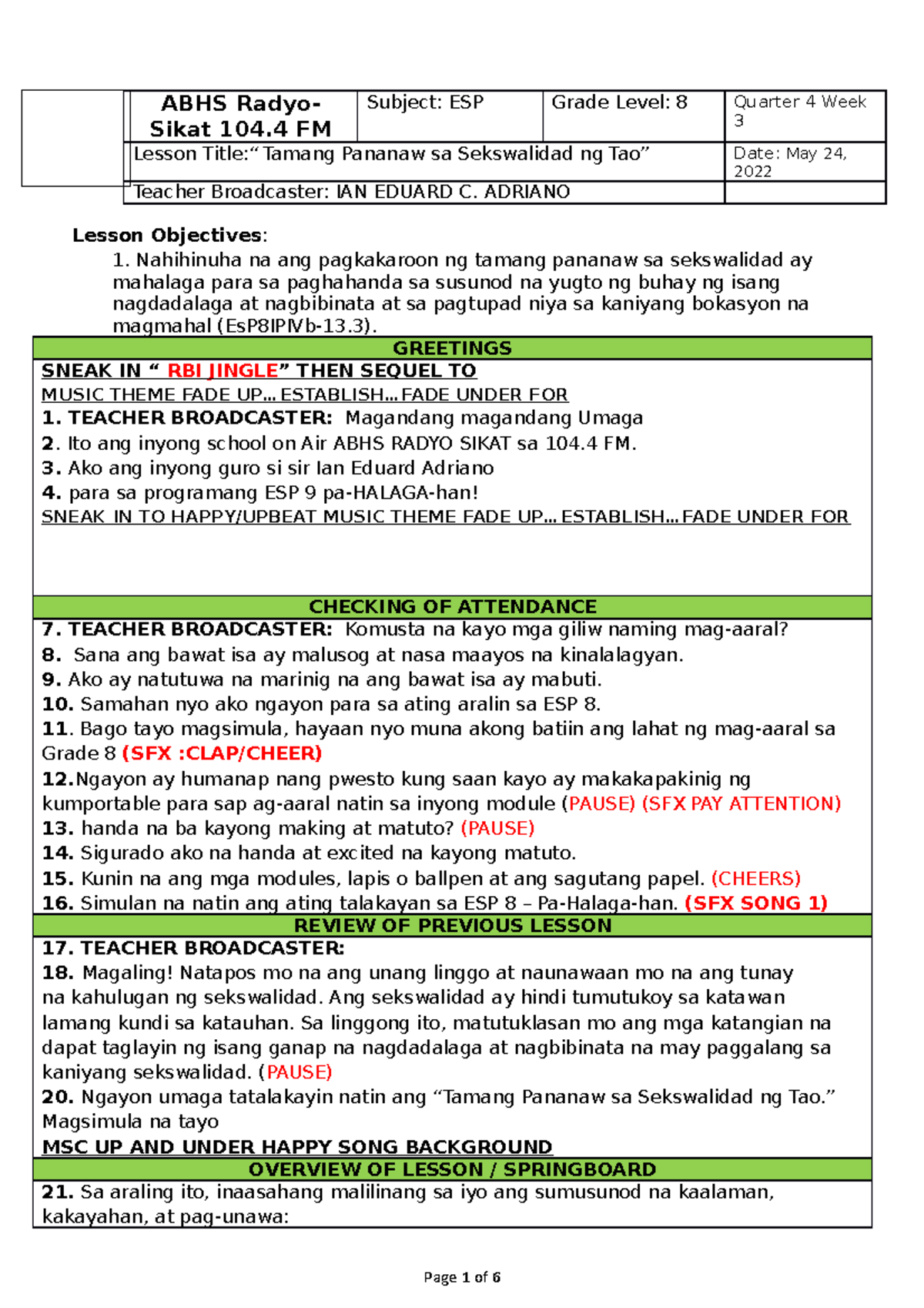 ESP 8 RBI 4TH Quarter WEEK 3 - ABHS Radyo- Sikat 104 FM Subject: ESP Grade Level: 8 Quarter 4 ...