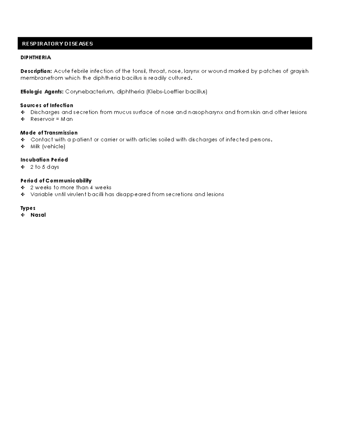 Communicable Disease Nursing Respi 2 - DIPHTHERIA Description: Acute ...