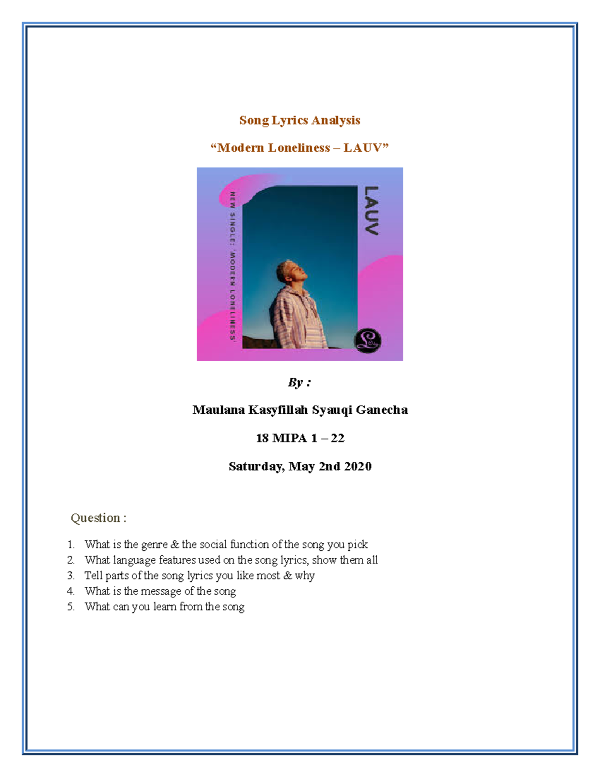 Song Lyrics Analysis - Song Lyrics Analysis “Modern Loneliness – LAUV ...