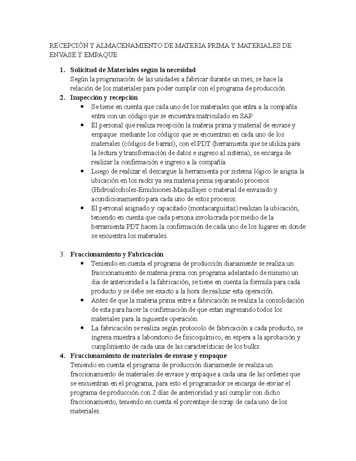 Recepción Y Almacenamiento DE Materia Prima Y Materiales DE Envase Y Empaque - RECEPCIÓN Y - Studocu