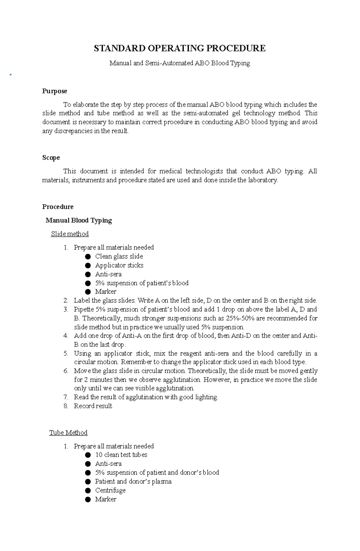 Manual and Semi-Automated ABO Blood Typing - STANDARD OPERATING ...