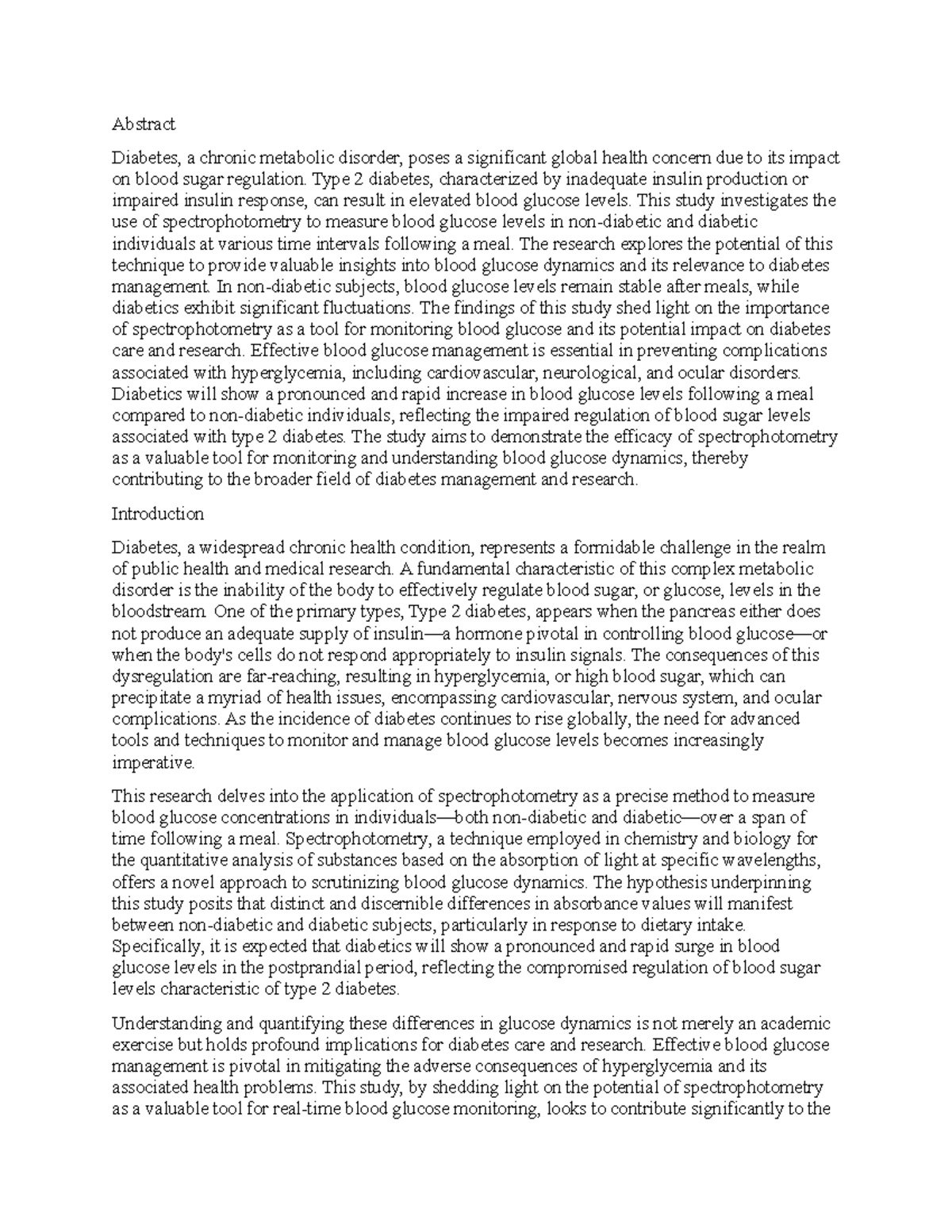 Bio-120L Research Paper Rough Draft - Abstract Diabetes, a chronic ...