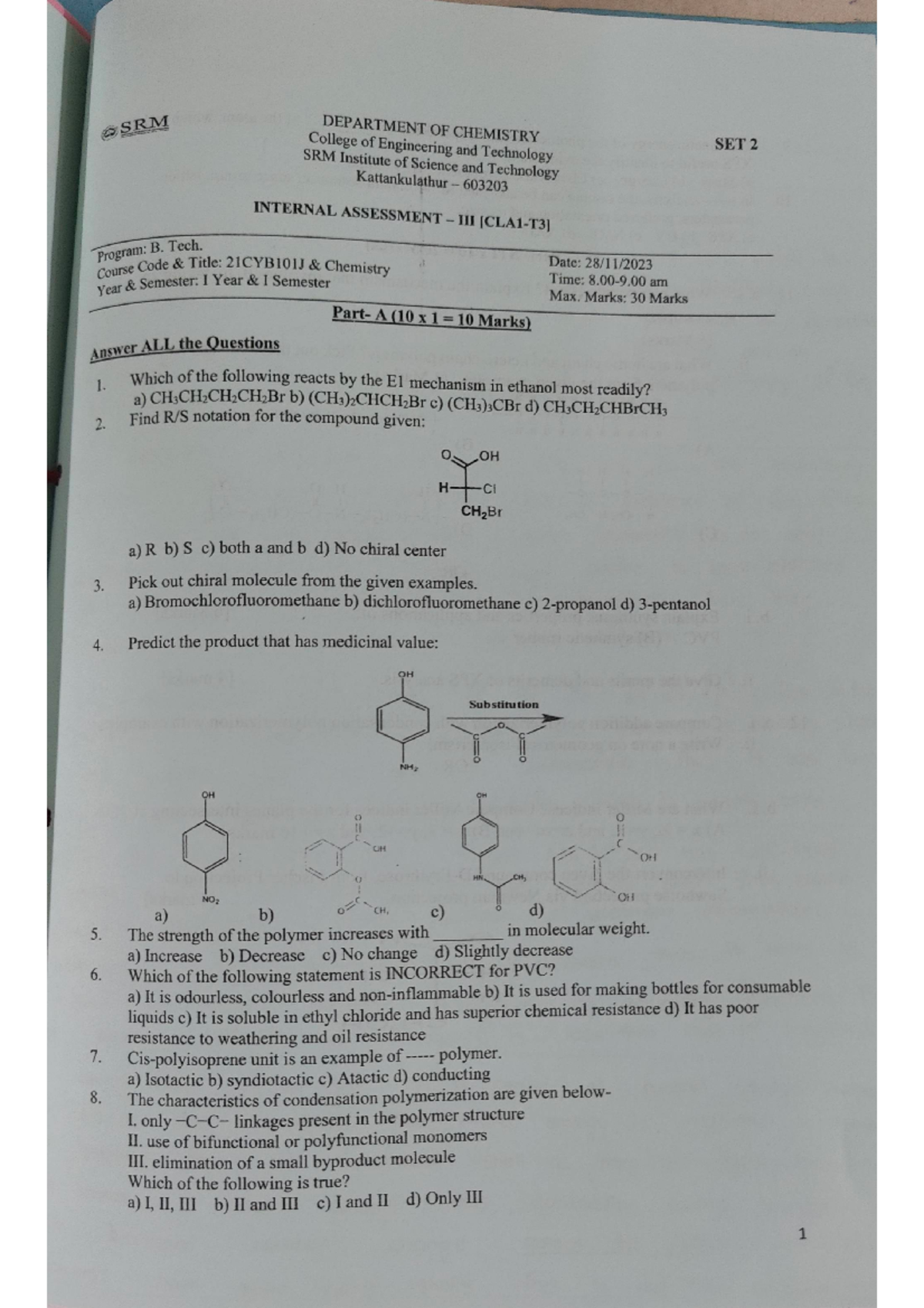 CT3 MODEL Questions Paper - Chemistry - Studocu