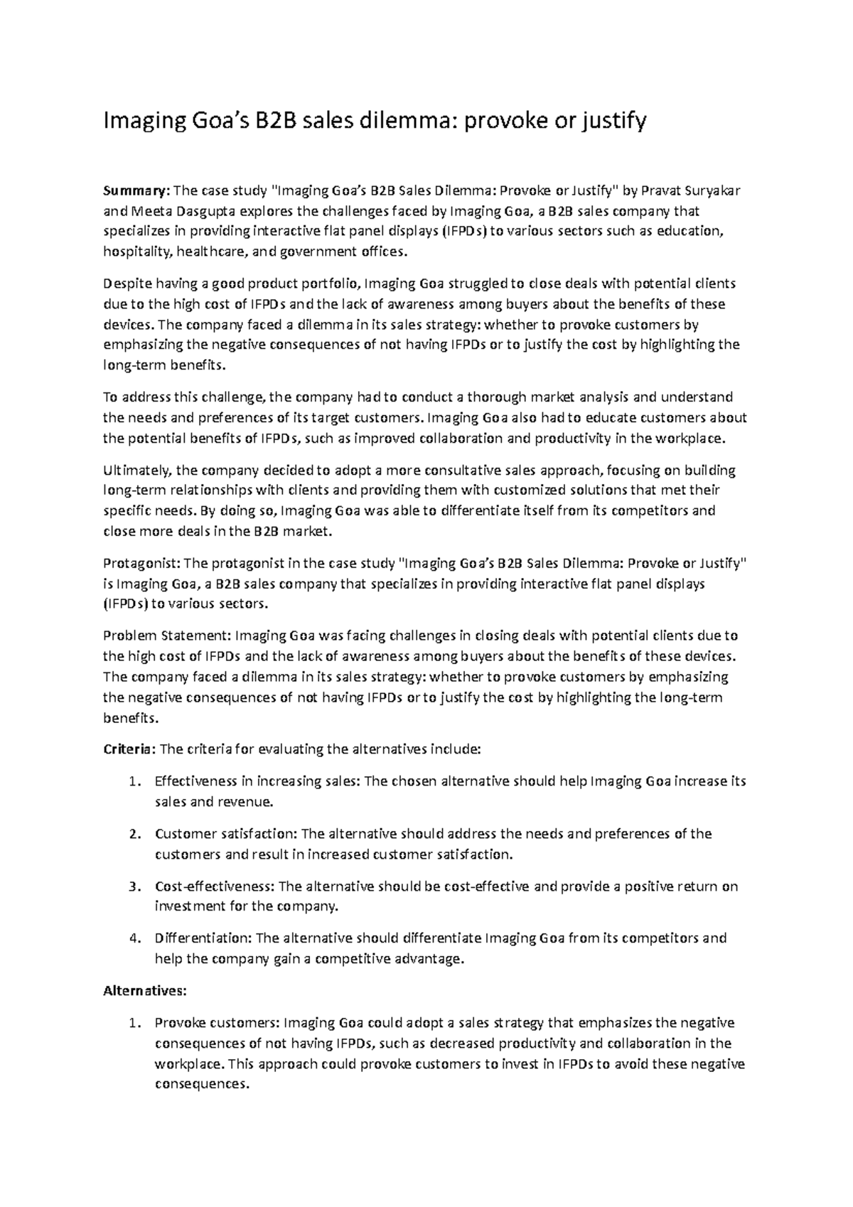 Imaging goa 2228022 - decision sheet - Imaging Goa’s B2B sales dilemma ...