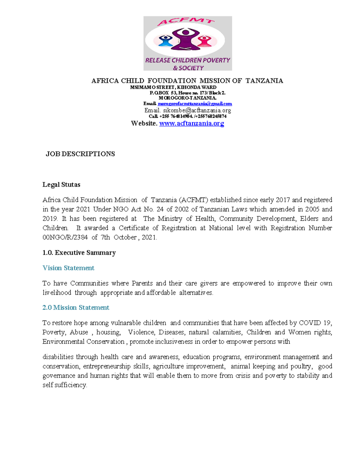 Ways of Preparing Job discription - AFRICA CHILD FOUNDATION MISSION OF ...