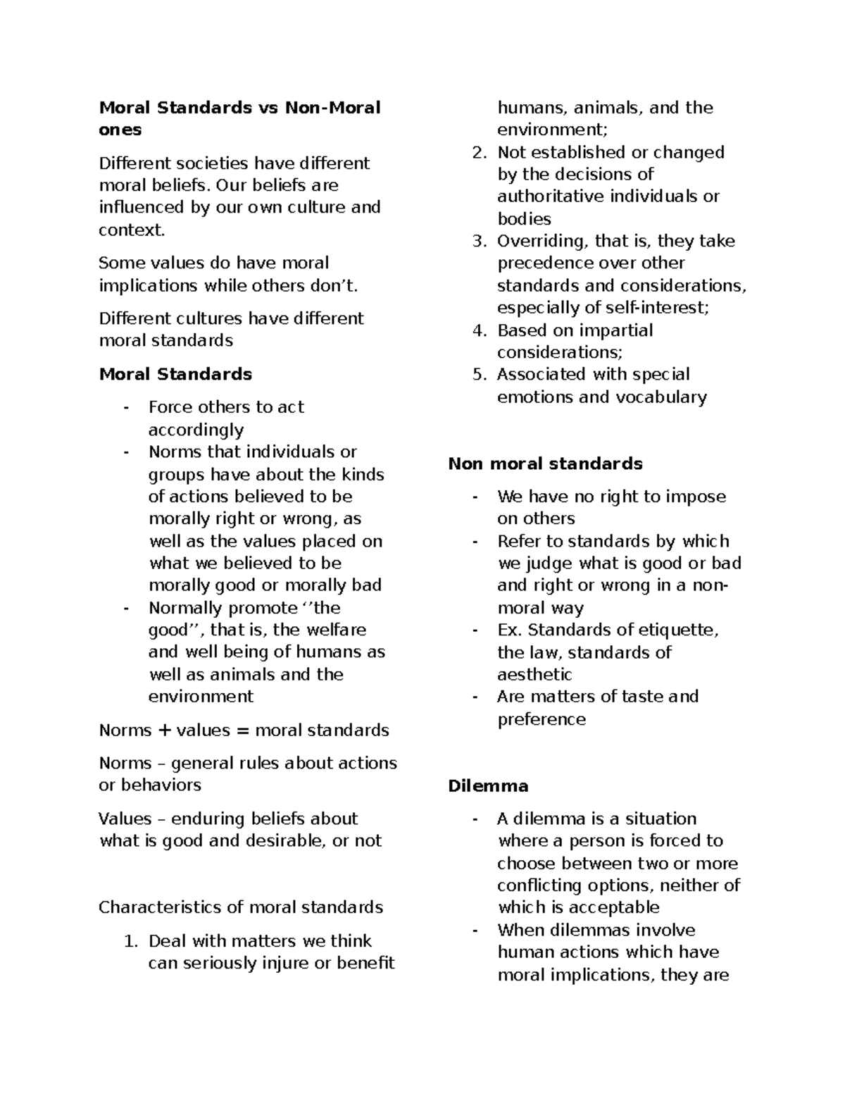 Ethics - notes - Moral Standards vs Non-Moral ones Different societies ...