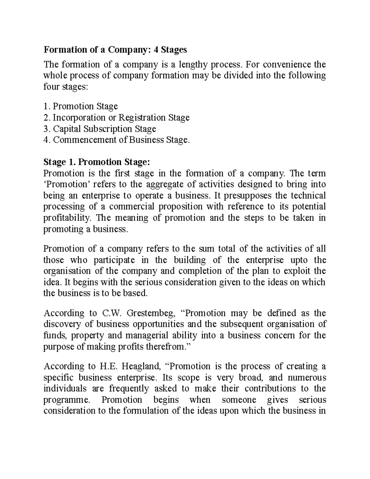 Formation of a Company - Notes - Formation of a Company: 4 Stages The ...