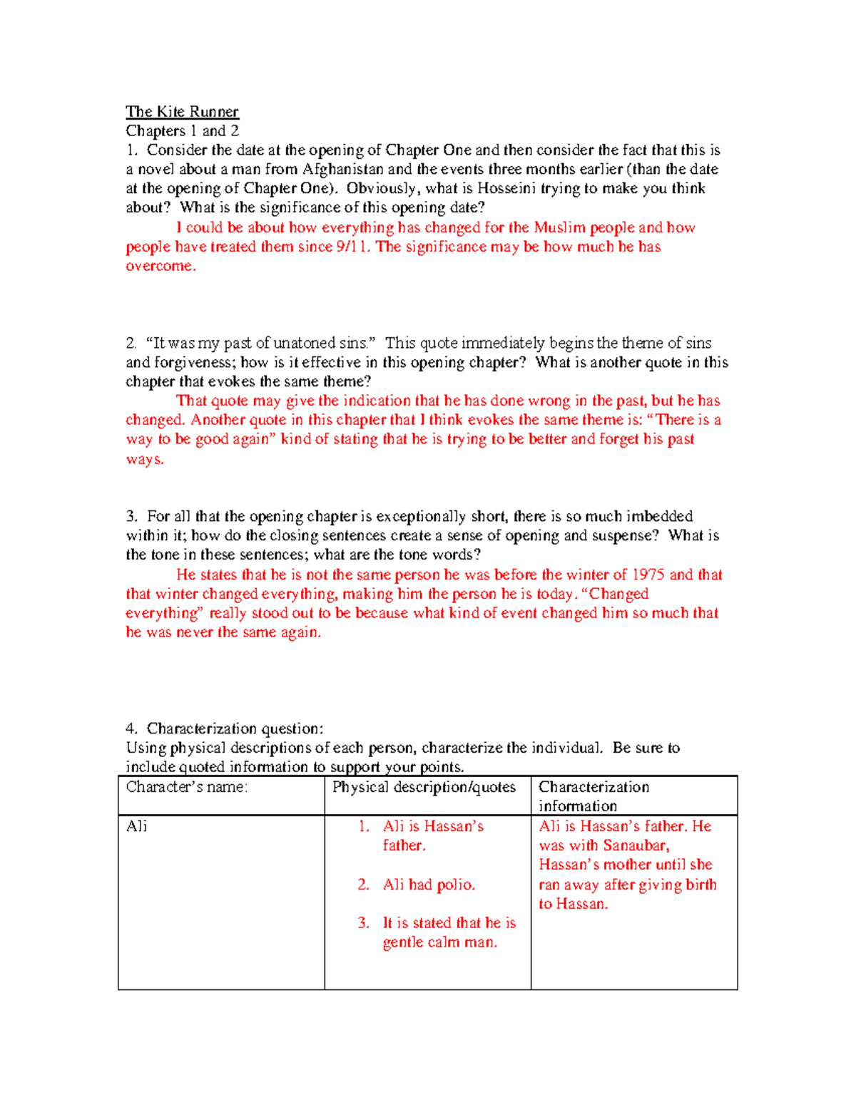 Chapters 1 and 2 - The Kite Runner - Chapter 1 and 2 Questions - The ...