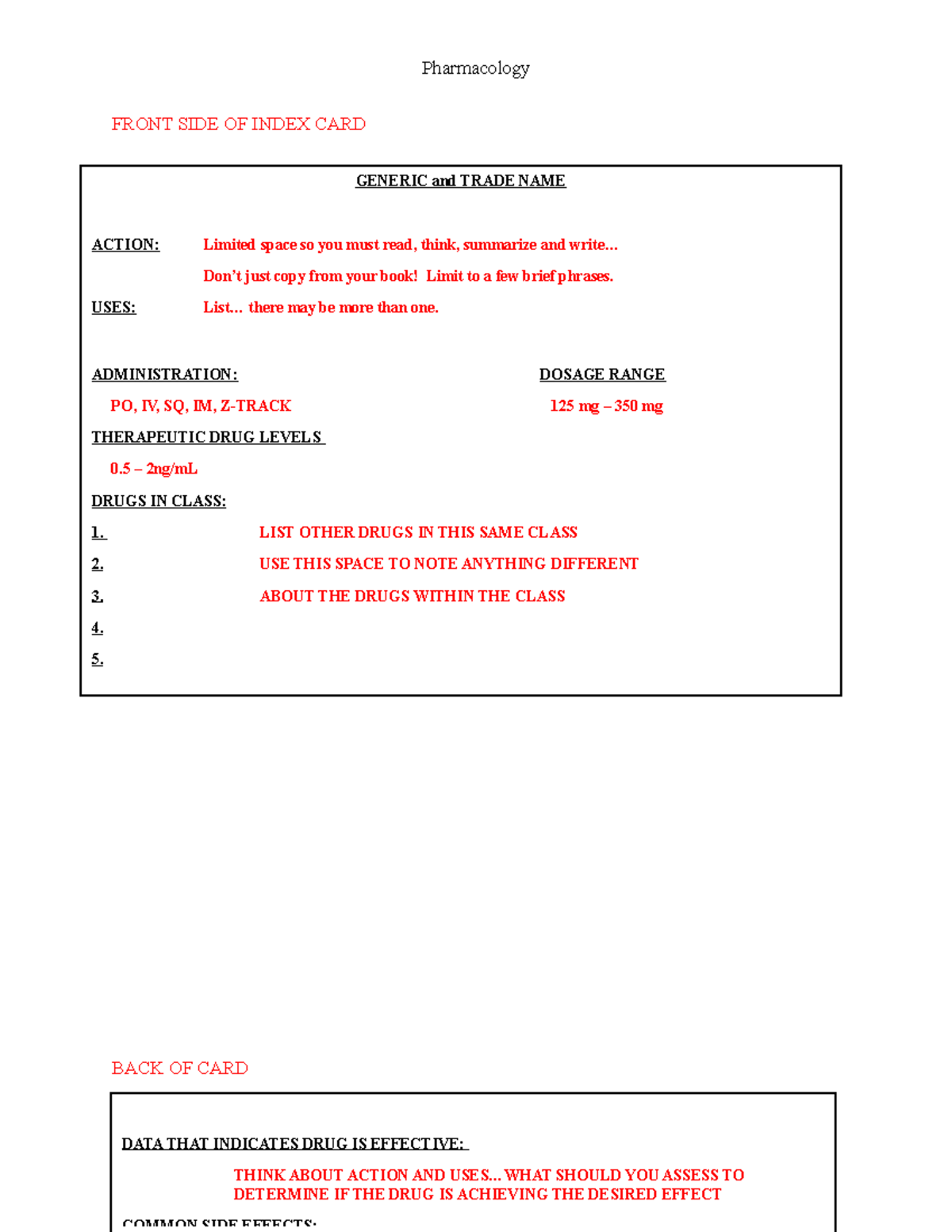 DRUG CARD Template SP 21 - Pharmacology FRONT SIDE OF INDEX CARD BACK ...