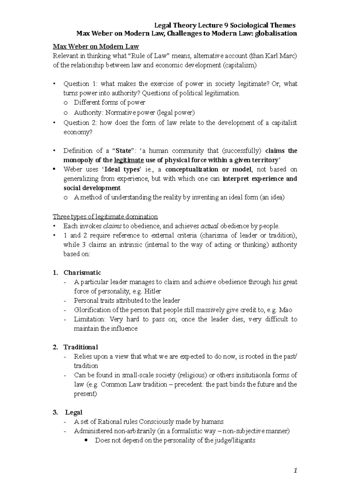 Legal Theory Lecture 9 - Sociological Themes: Max Weber on Modern Law ...