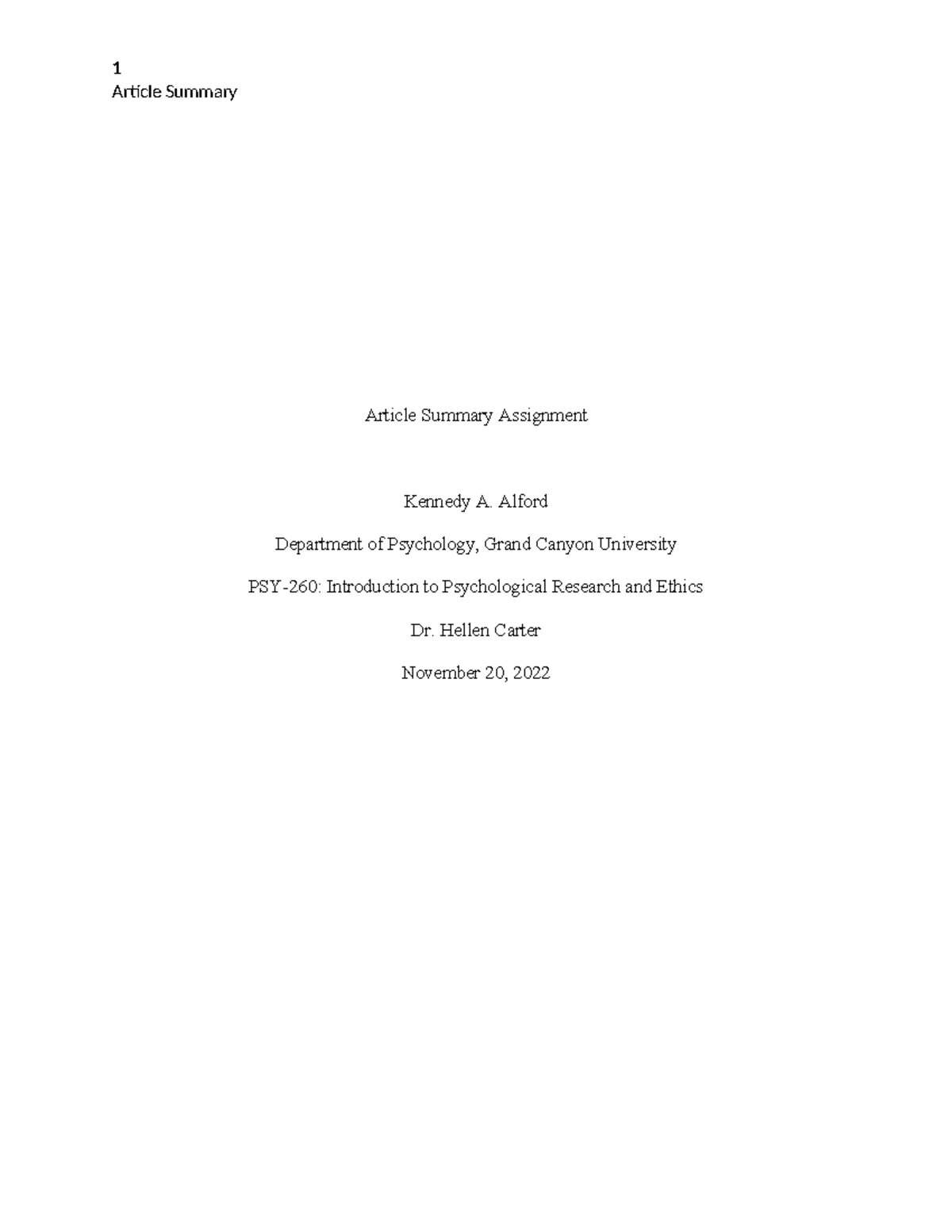 Article Summary - Article Summary Article Summary Assignment Kennedy A ...