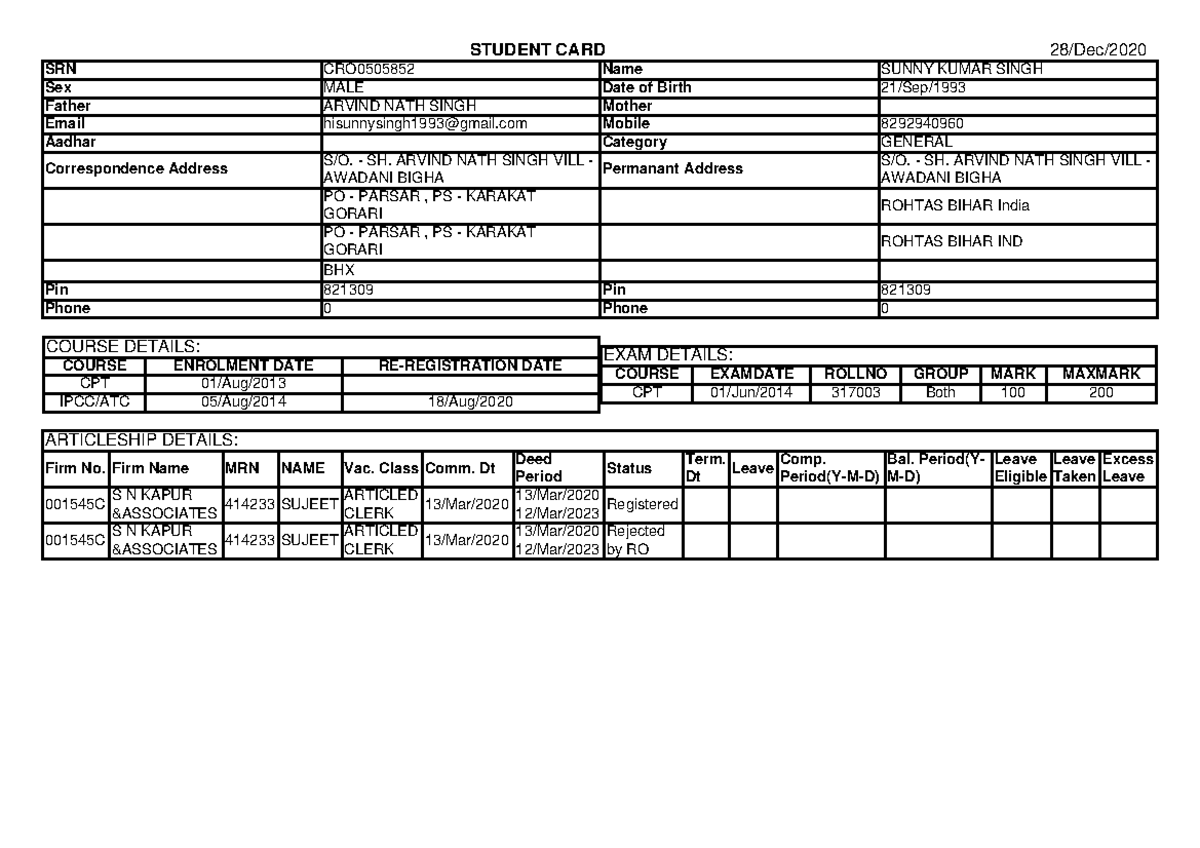 Student Card - AUDIT MATERIAL - STUDENT CARD 28/Dec/ SRN CRO0505852 ...