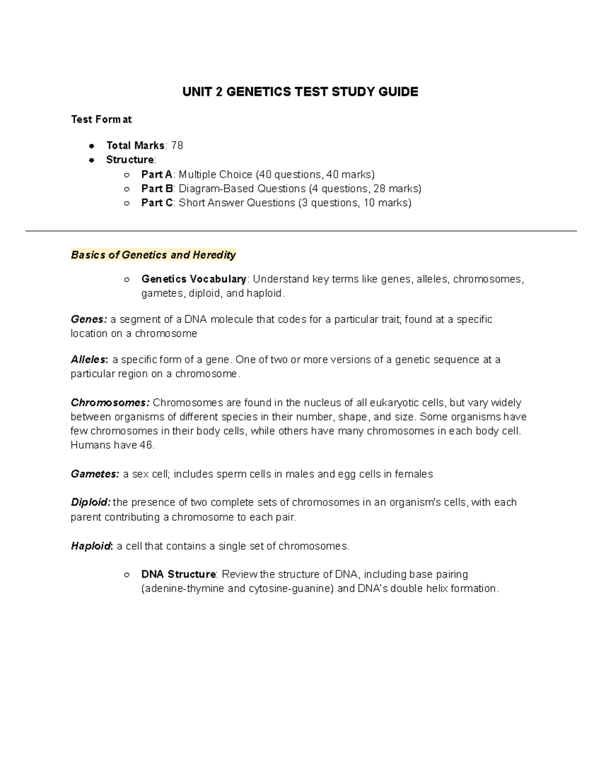 Unit 2 SBI3U - Study Notes - UNIT 2 GENETICS TEST STUDY GUIDE Test ...