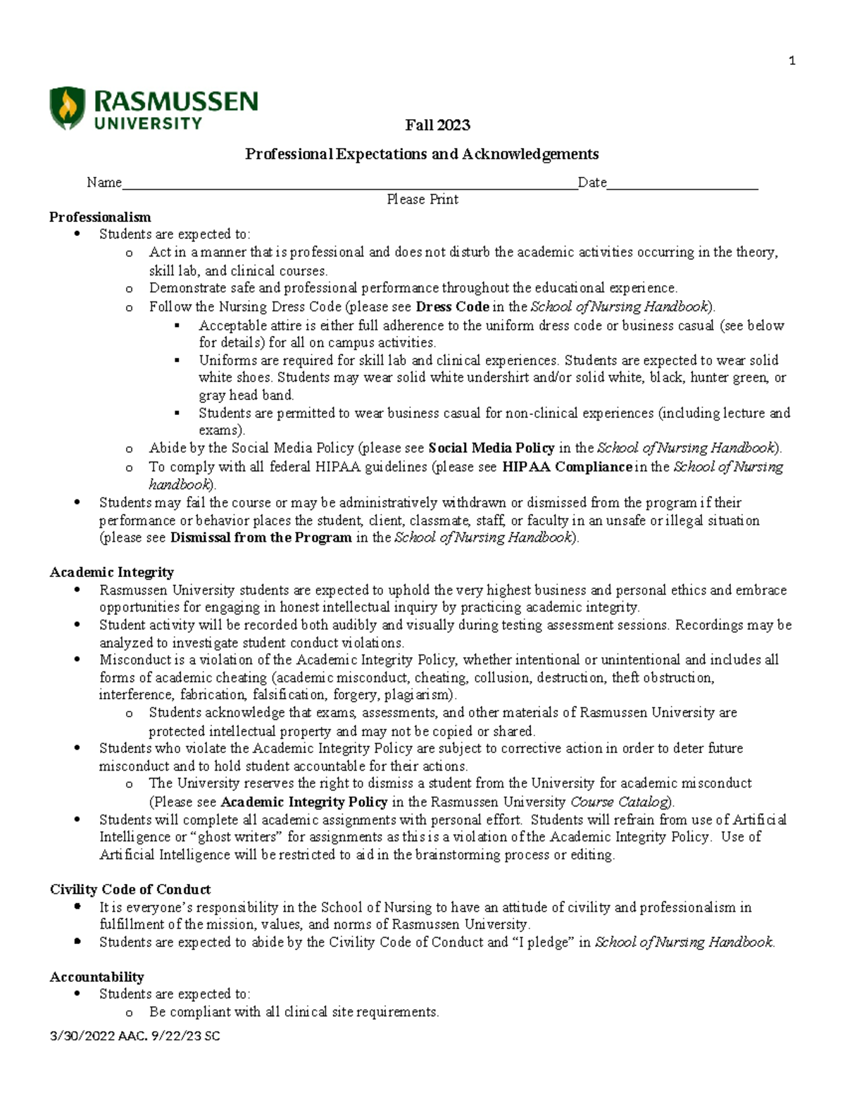 Nursing Professional Expectations and Acknowledgements.Revised Fall ...