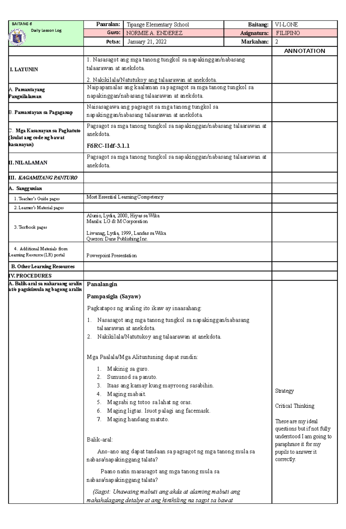 DLP Objective 9 - Filipino 6 - BAITANG 6 Daily Lesson Log Paaralan ...