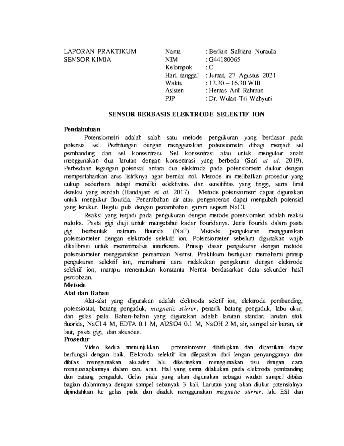 Sensor Berbasis Elektrode Selektif Ion - LAPORAN PRAKTIKUM Nama ...