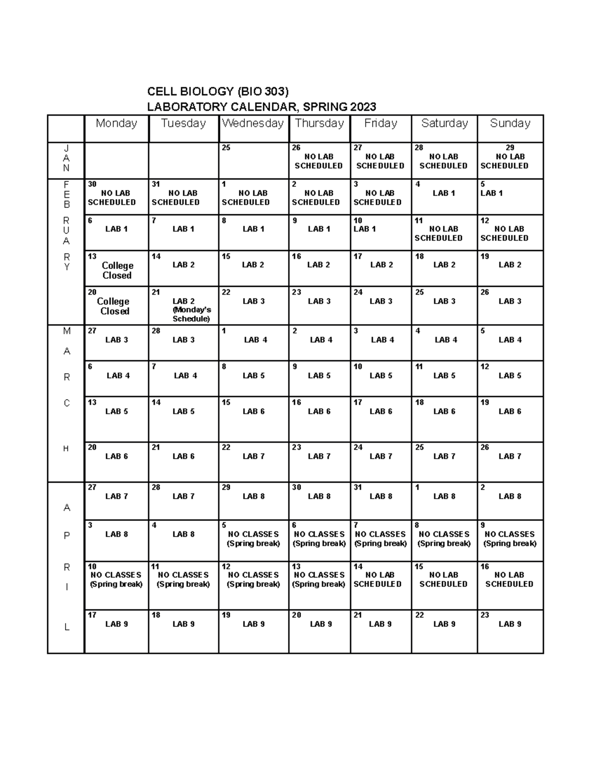 Bio303 Schedule - Spring 2023 Final - CELL BIOLOGY (BIO 303) LABORATORY ...