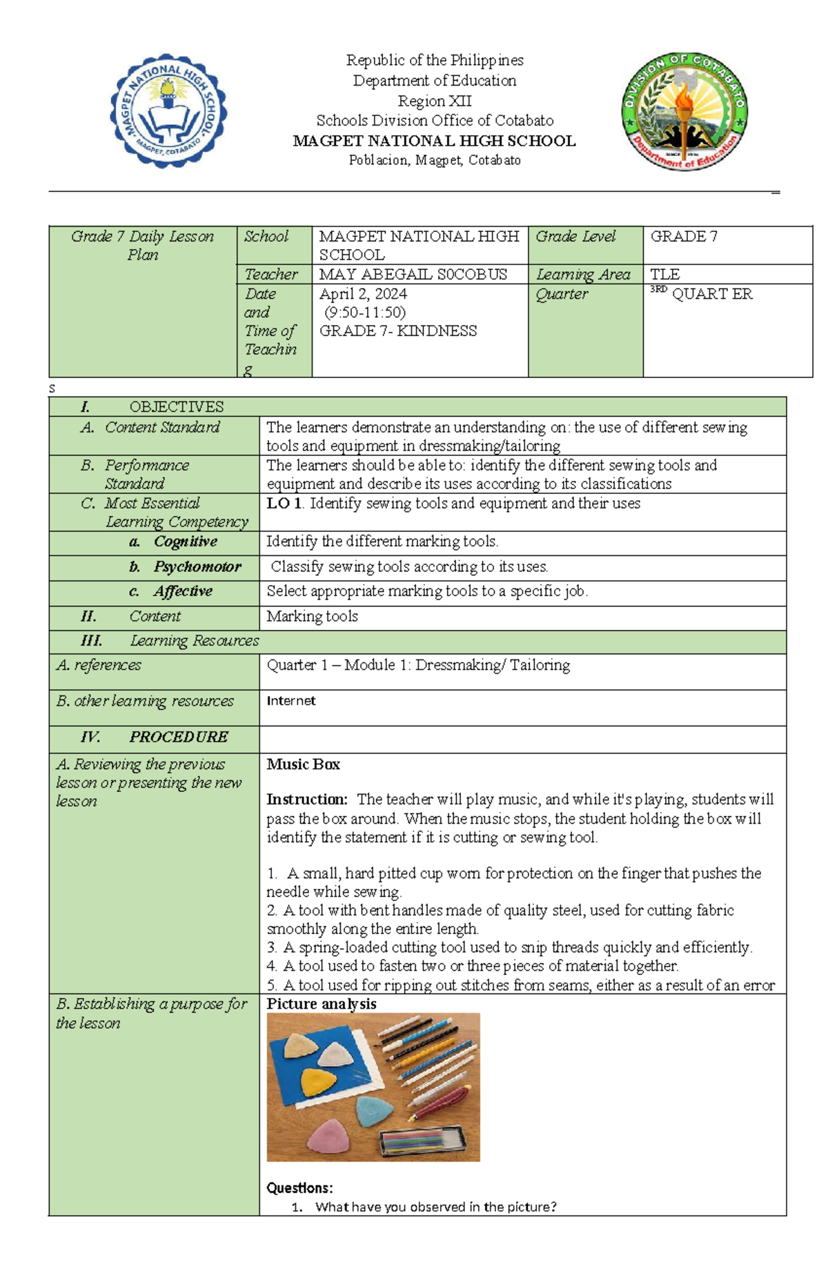Marking tools - _ Grade 7 Daily Lesson Plan School MAGPET NATIONAL HIGH ...