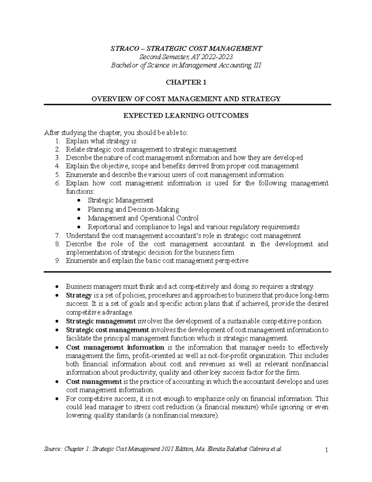 Chapter 01 Overview of Cost Management and Strategy - STRACO – STRATEGIC COST MANAGEMENT Second ...
