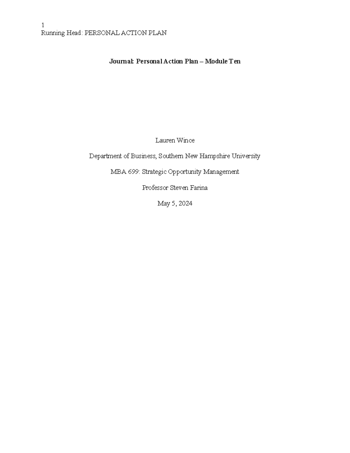 Personalactionplanlaurenwince - Running Head: PERSONAL ACTION PLAN ...