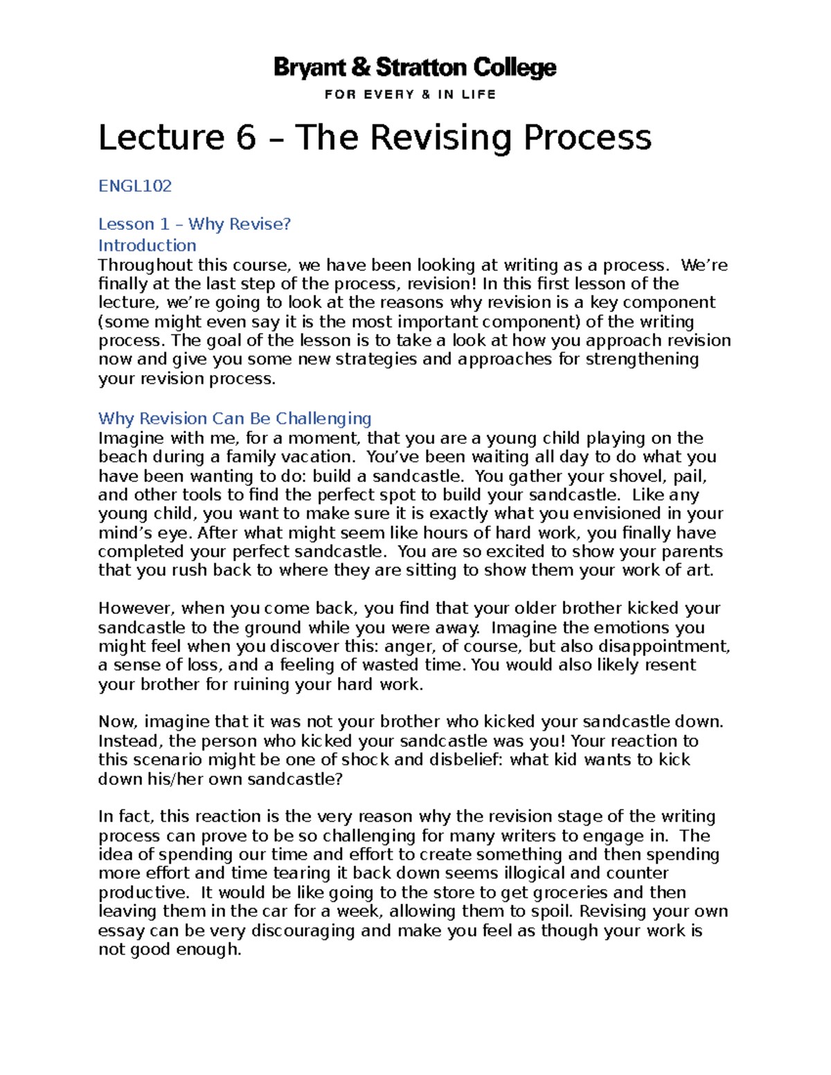 ENGL102 Lecture 6 - Lecture 6 – The Revising Process ENGL Lesson 1 ...