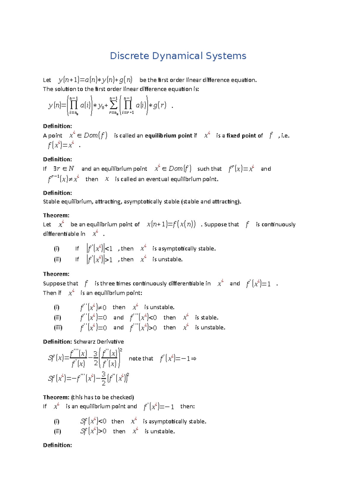 Discrete Dynamical Systems summary - Discrete Dynamical Systems Let y ...
