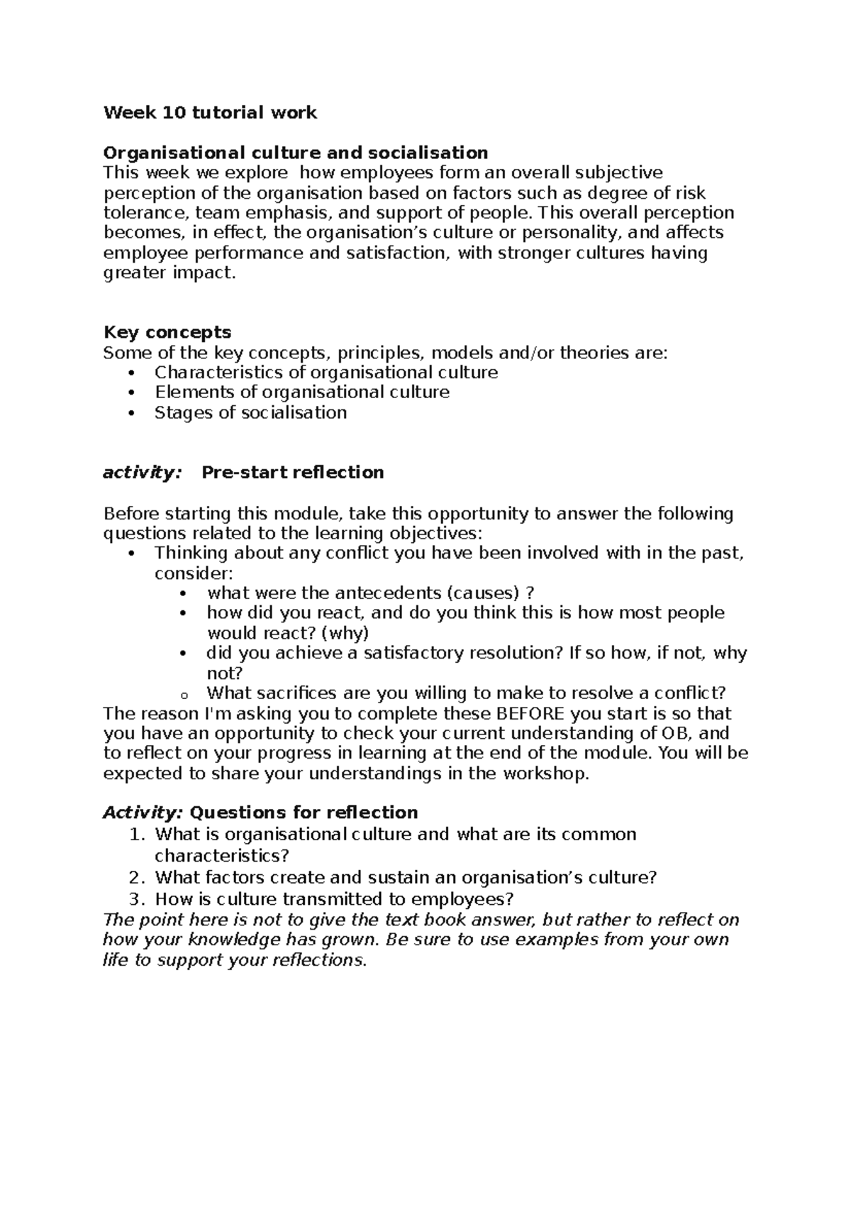 Week 10 tutorial work - organisational behaviour and wellbeing - Week ...