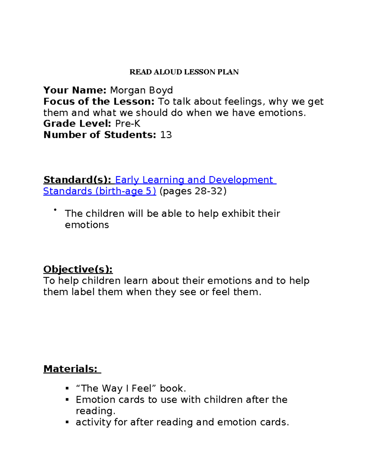 READ Aloud Lesson PLAN "The Way I Feel" - READ ALOUD LESSON PLAN Your ...