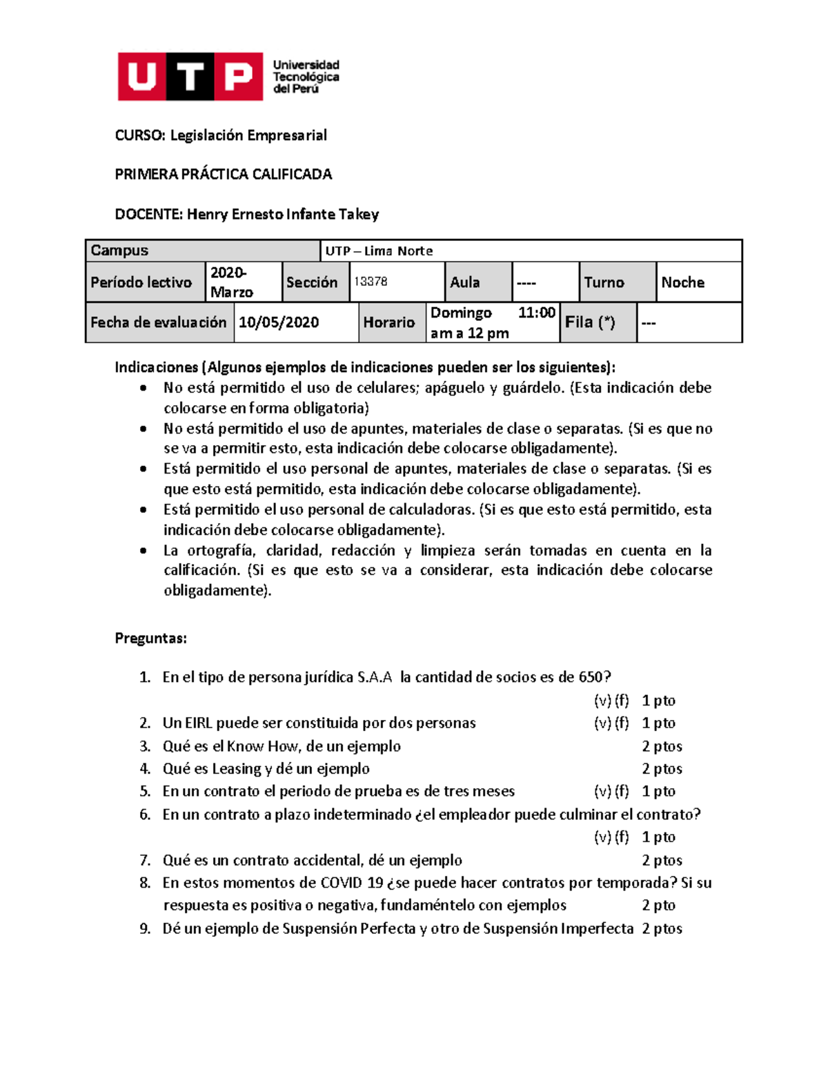 PC1 (2) legislacion - pc1 - CURSO: LegislaciÛn Empresarial PRIMERA PR¡CTICA CALIFICADA DOCENTE ...