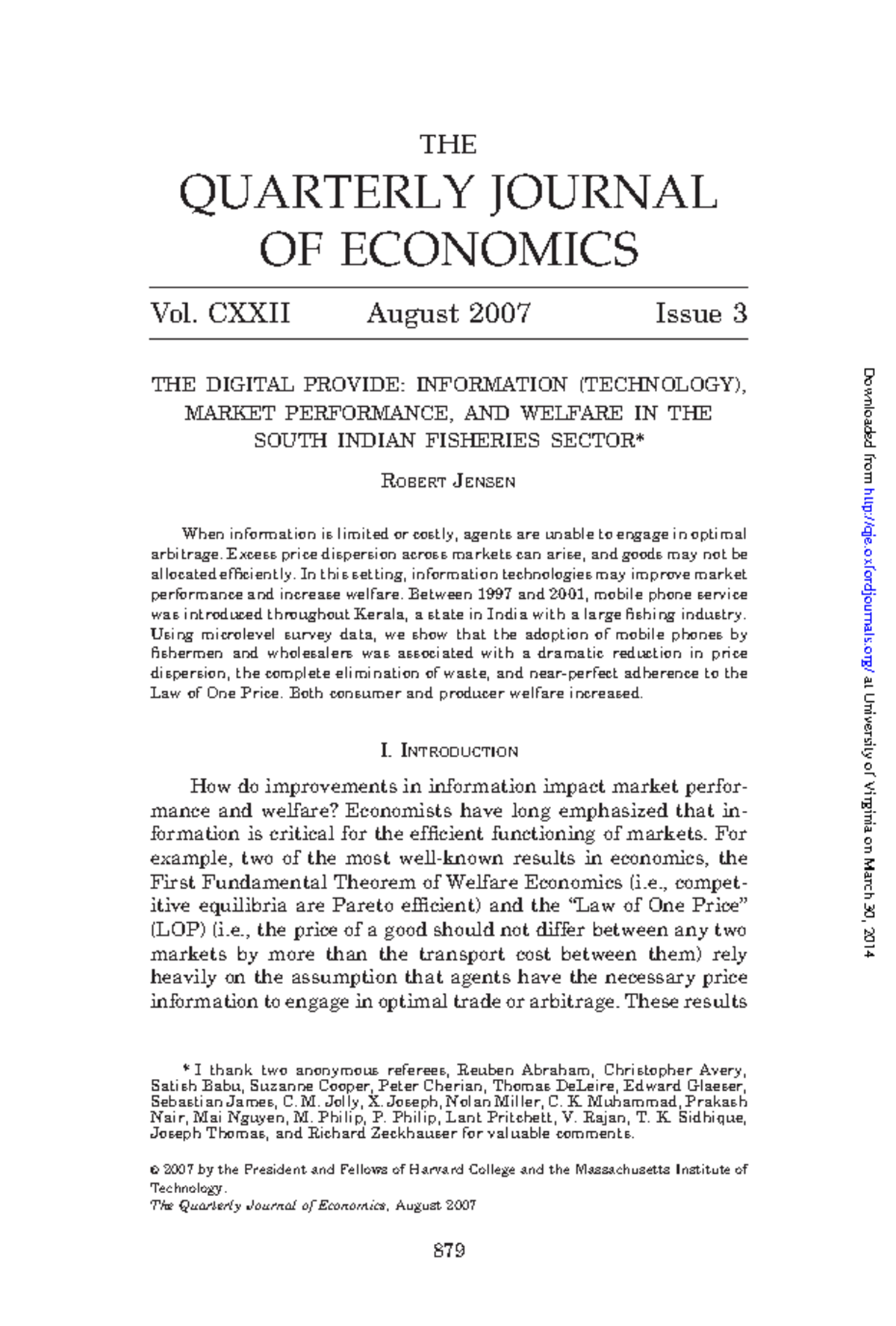 FIshery India RJensen QJE07 - THE QUARTERLY JOURNAL OF ECONOMICS Vol ...