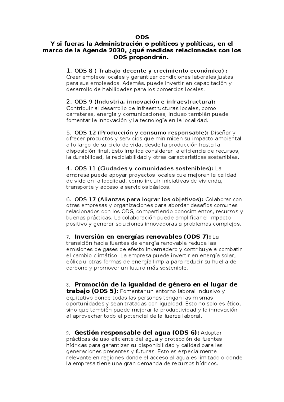 ODS - RESPUESTA A LAS ODS - ODS Y si fueras la Administración o políticos y políticas, en el ...