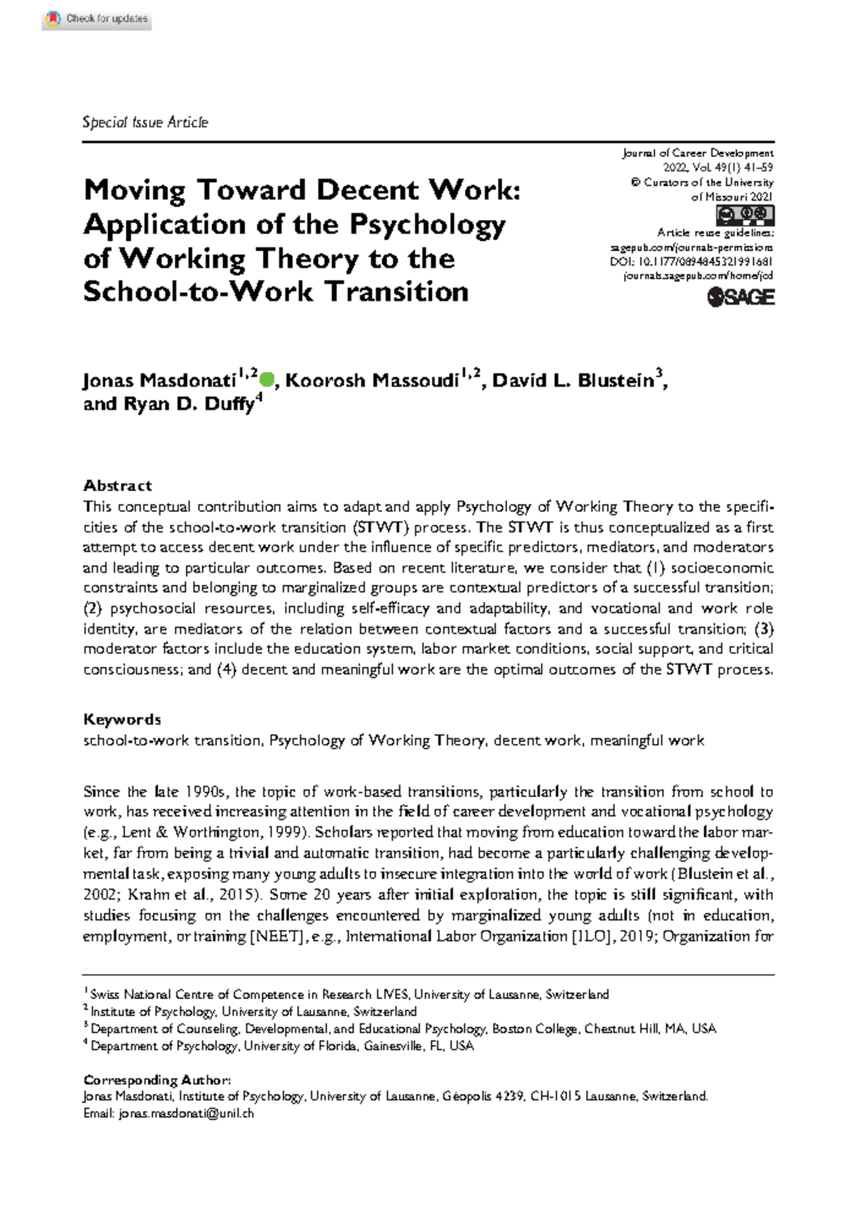 Masdonati et al 2021 moving toward decent work application of the ...