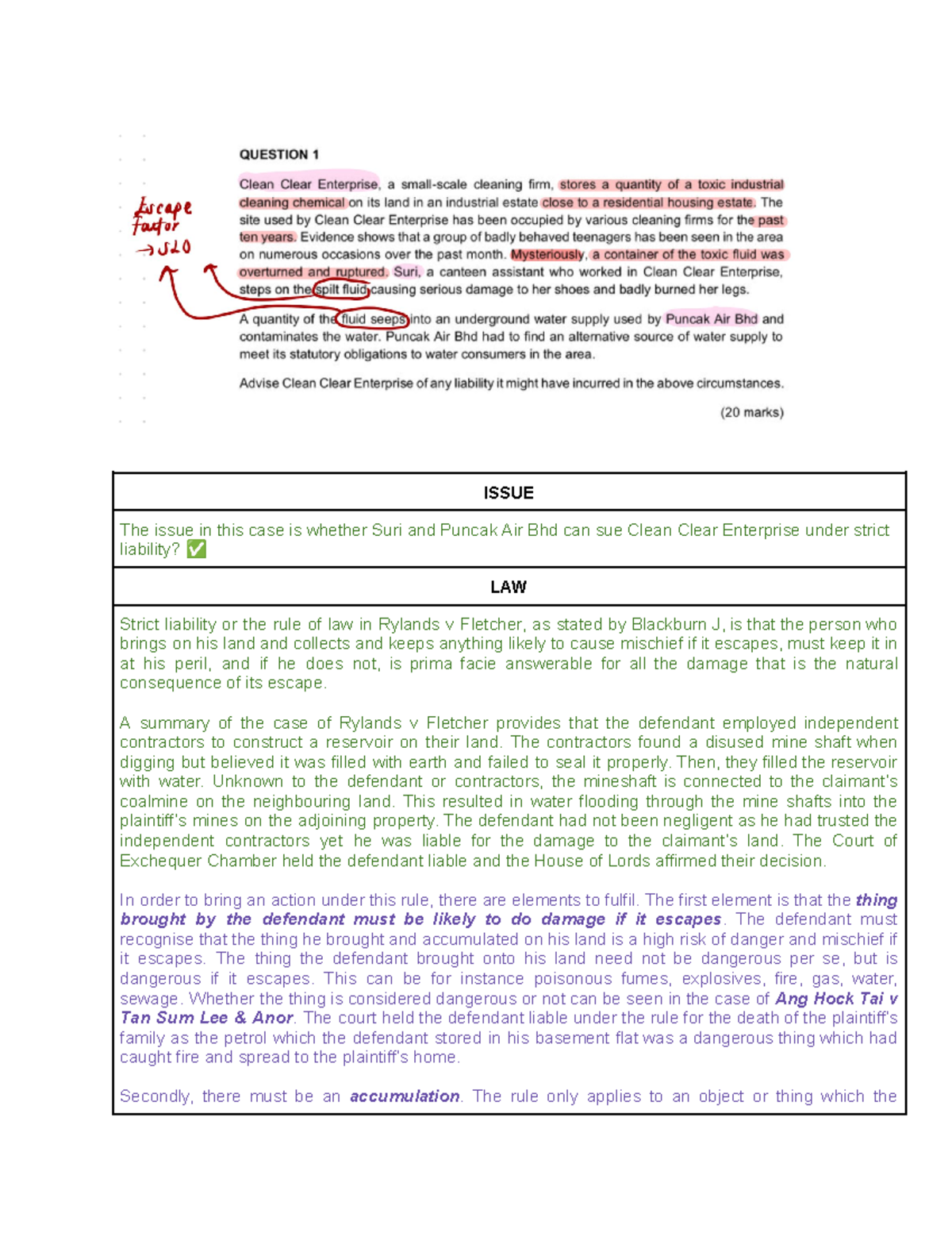 STRICT LIABILITY TUTORIAL TORTS - ISSUE The issue in this case is ...
