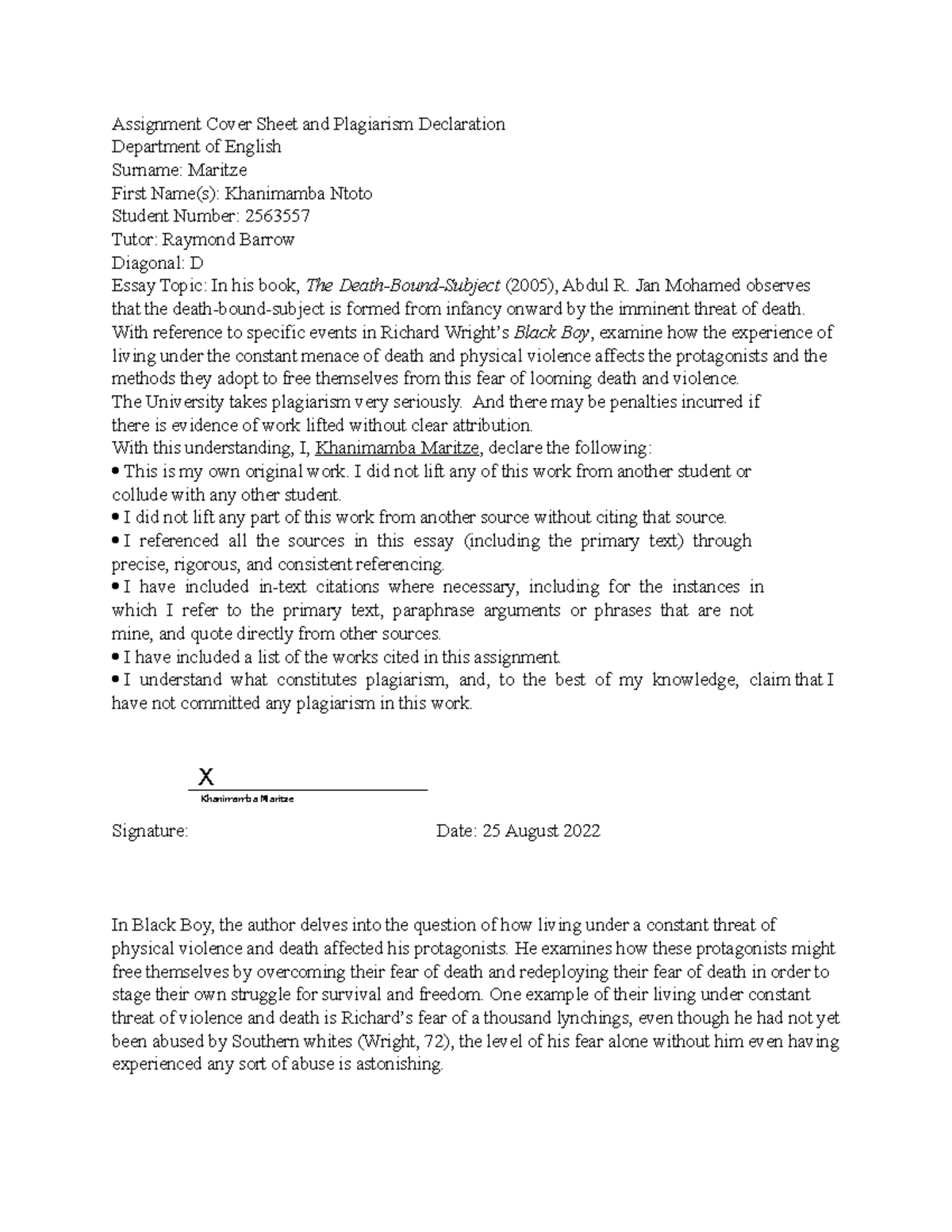 Black Boy Test 2563557 - Assignment Cover Sheet and Plagiarism ...