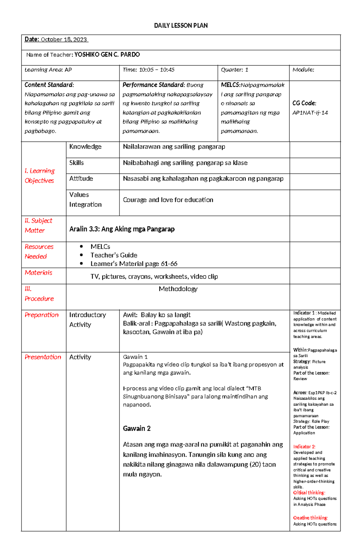 Daily Lesson PLAN for CO 1 - DAILY LESSON PLAN Date: October 18, 2023 ...