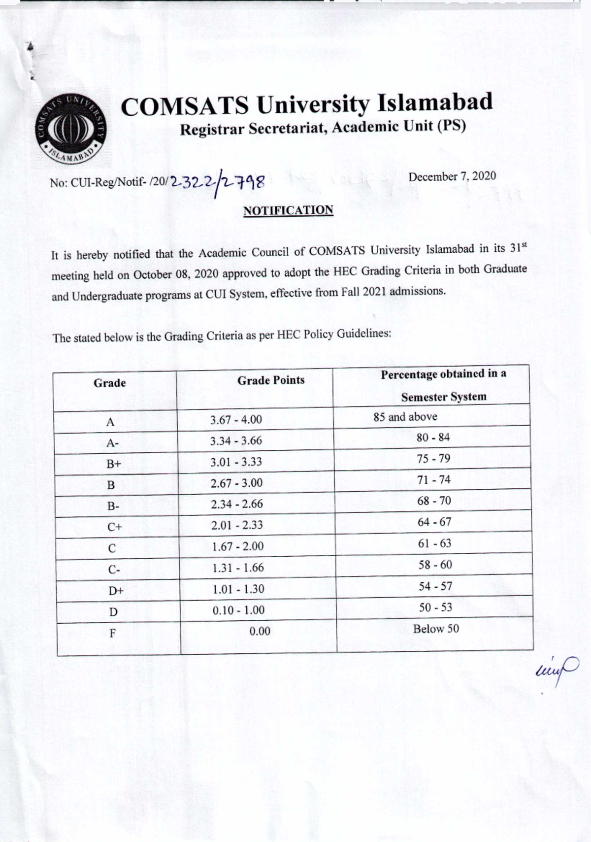 CUI Grading Criteria - COMSATS University Islamabad Registrar ...