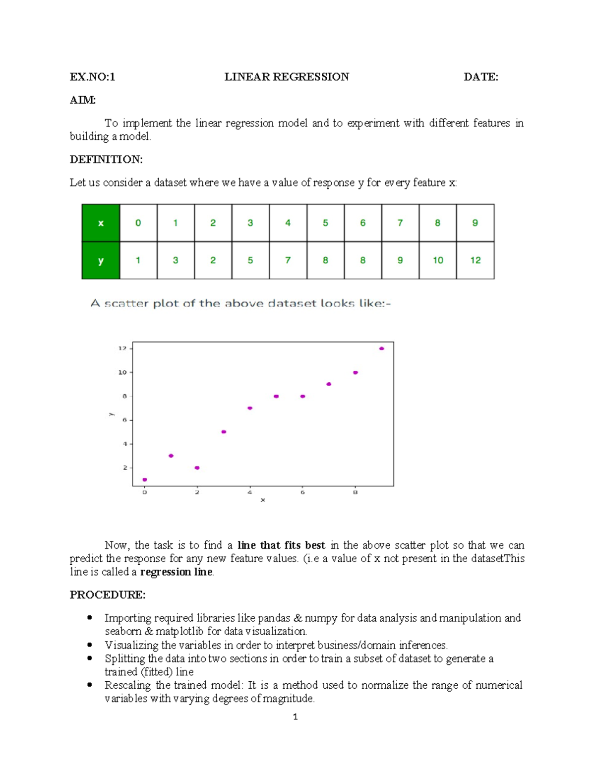 Machine learning final manual (1) - EX:1 LINEAR REGRESSION DATE: AIM: To implement the linear ...