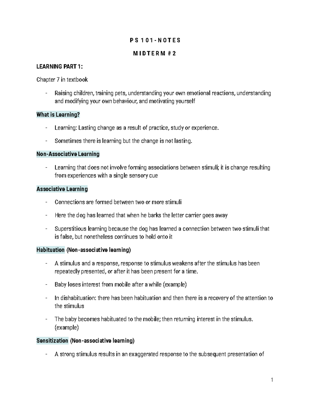 PS101 Learning + Personality - P S 1 0 1 - N O T E S M I D T E R M # 2 ...