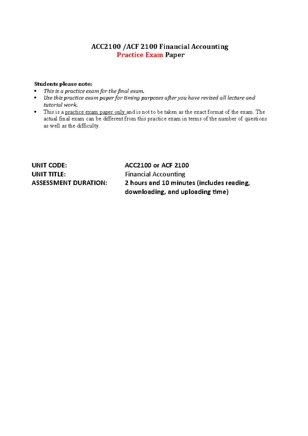 ACC ACF 2100 Practice Exam Paper Semester 1 - ACC2100 /ACF 2100 ...