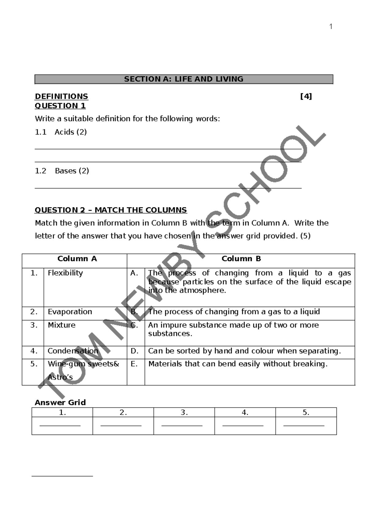 Grade 7 NS Exam June 2021 - SECTION A: LIFE AND LIVING DEFINITIONS [4 ...