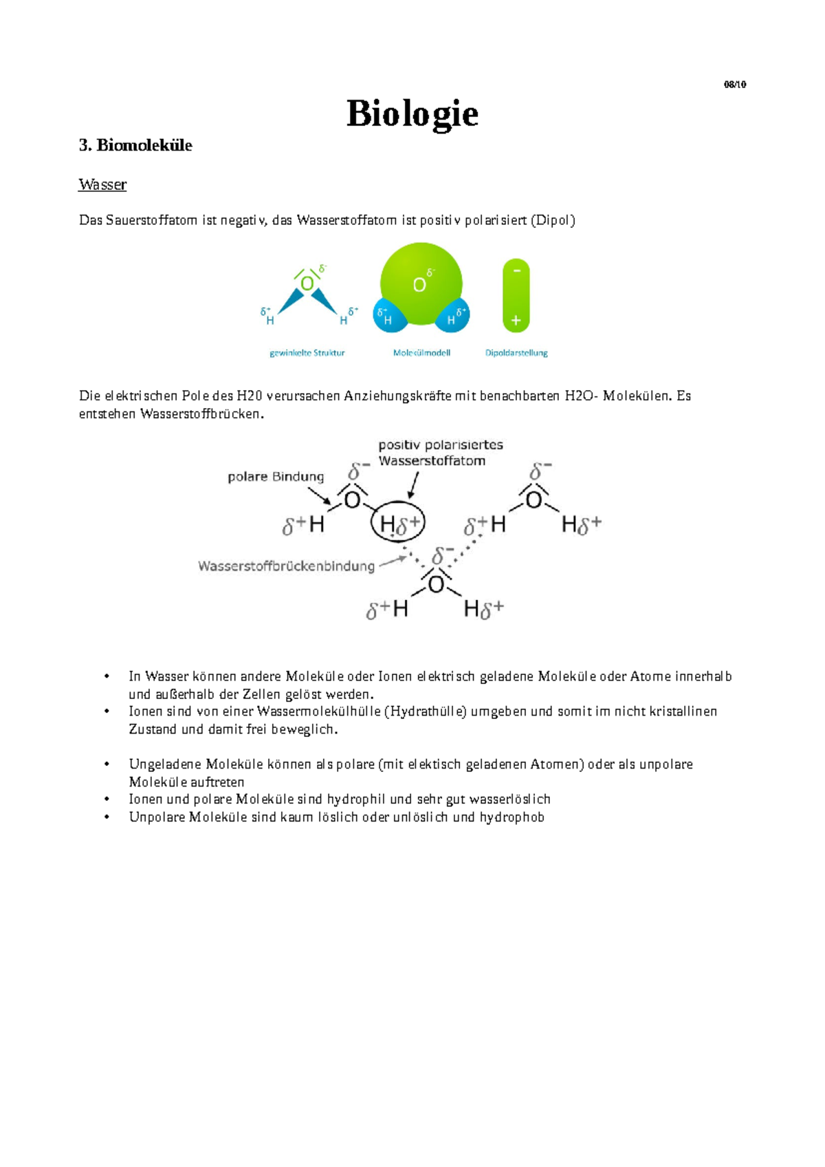 Biomoleküle - Zusammenfassung - 08/ Biologie 3. Biomoleküle Wasser Das ...